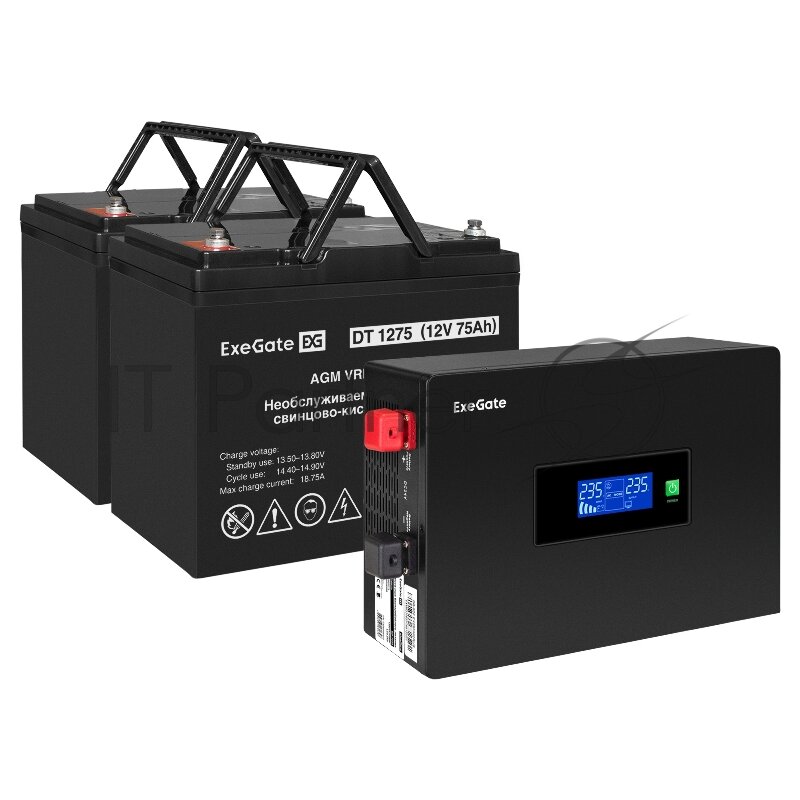 Комплект ИБП EX295994RUS + батарея 75Aч EX282983RUS 2шт (инвертор, синус, для котла, PF=1, настенный) ExeGate IdealSine SR-1500. LCD.2SH <1500VA/1500W, чистая синусоида, цветной LCD-дисплей, 2*Schuko, крепление настенное, Black> + батарея ExeGate DT