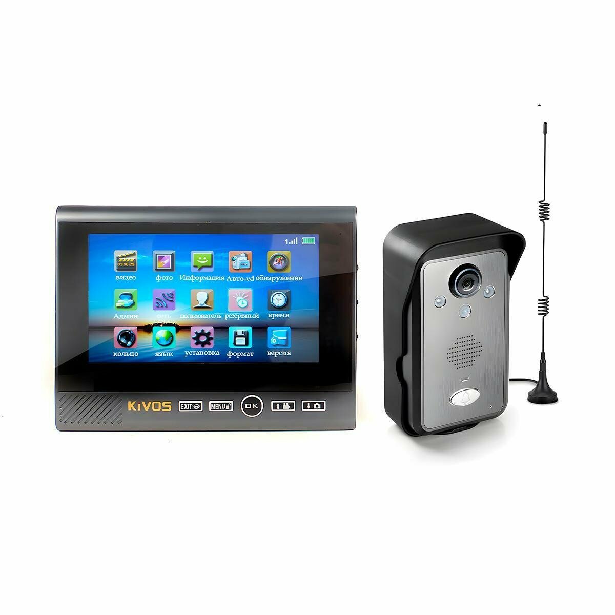 Беспроводной видеодомофон на батарее и записью на SD Кивос-Плюс-7 RECo(1+1) и радиоканальная аккумуляторная вызывная панель с ИК с выносной антенной.