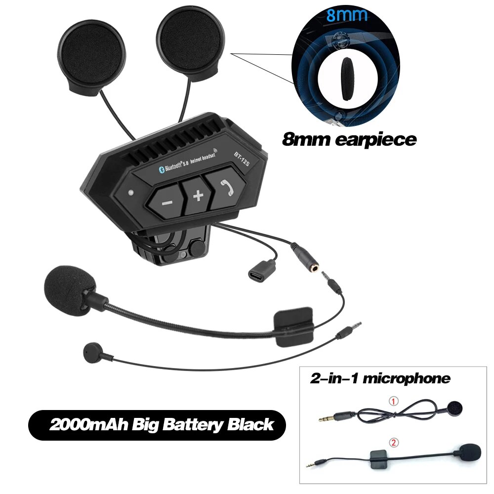 Мотогарнитура Bluetooth 5.0, 2000mAh, черная
