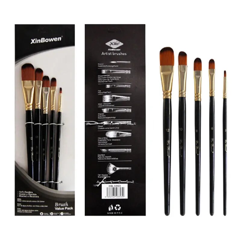 Набор Из 5 Нейлоновых Кистей Для Рисования Волос, Круглые Плоские Акриловые Акварельные Художники