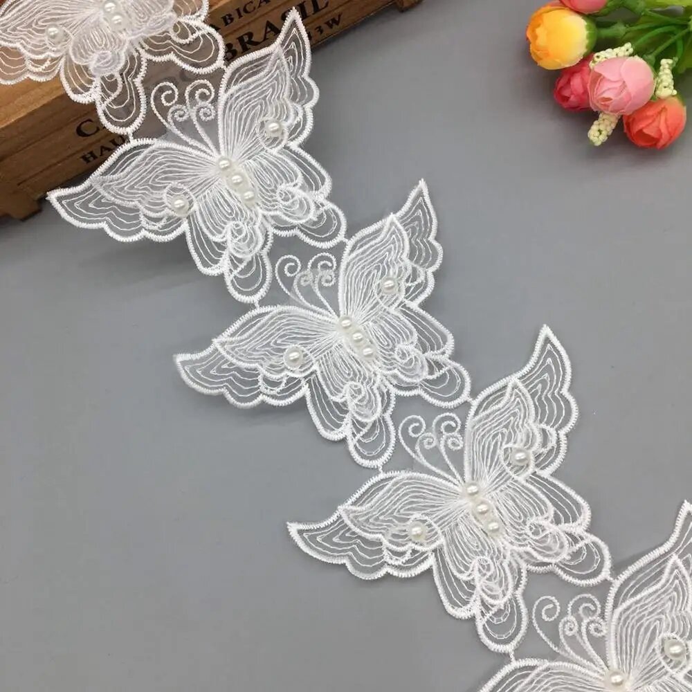 Бабочки из органзы с жемчугом и стразами, 10шт, 110x75mm C137