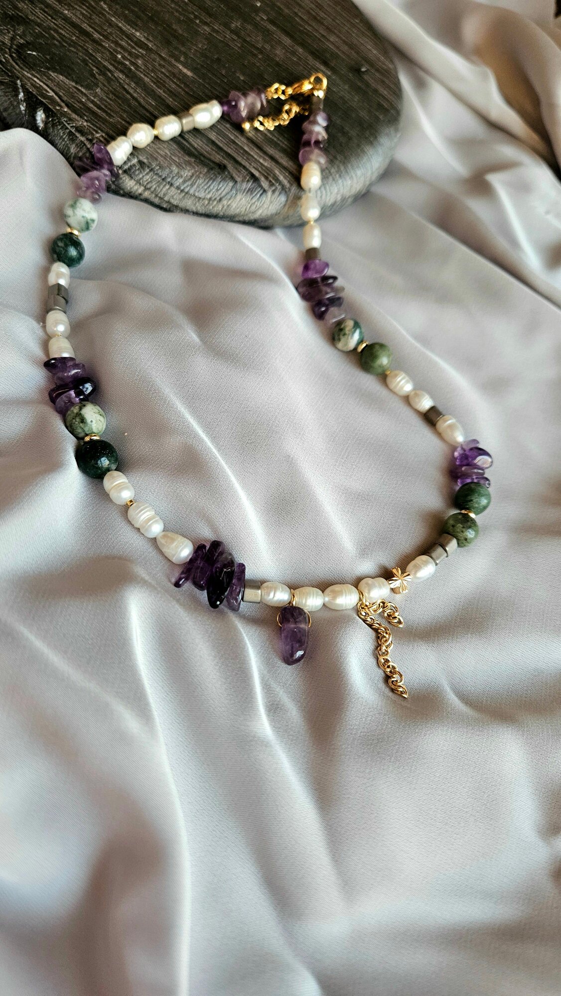 Колье, аметист, жемчуг культивированный, агат