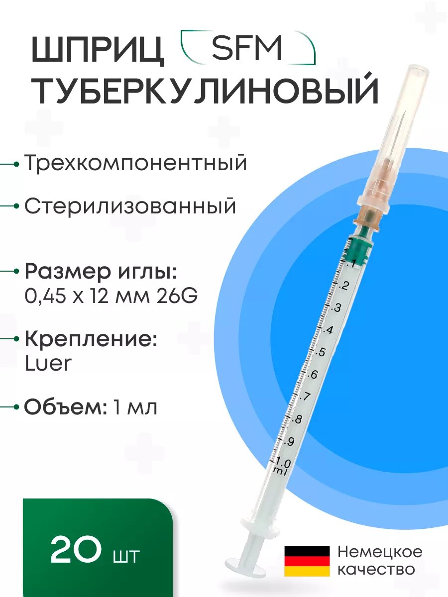 Шприц - 1 мл. (3-х) SFM, Германия одноразовый стерилизованный с надетой иглой 0,45 x 12 - 26G, упаковка №20 (без латекса) (блистер)