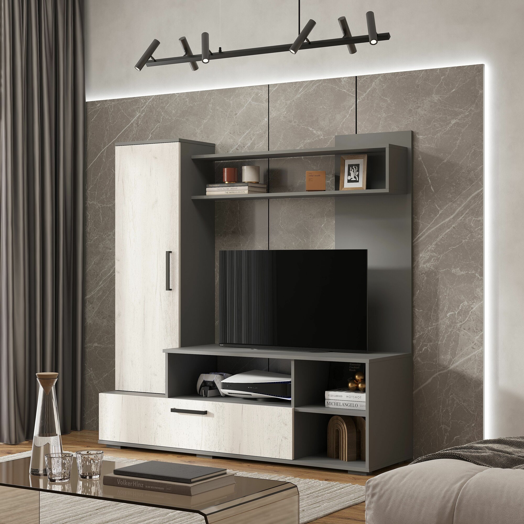 Гостиная "Евро 2" Графит/Дуб крафт белый (Мебелони)