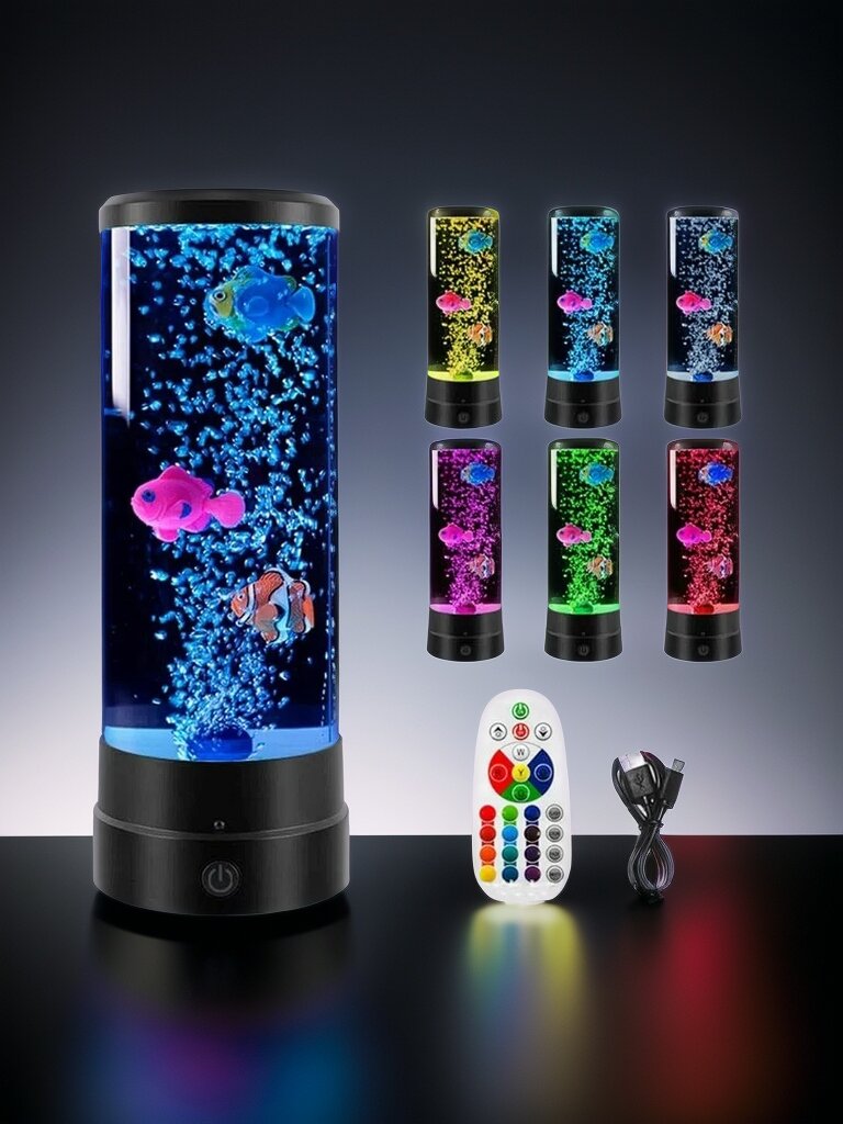 Мини-аквариум ，"Рыбки", цилиндрический, бесшовный ABS пластик, подсветка, черный