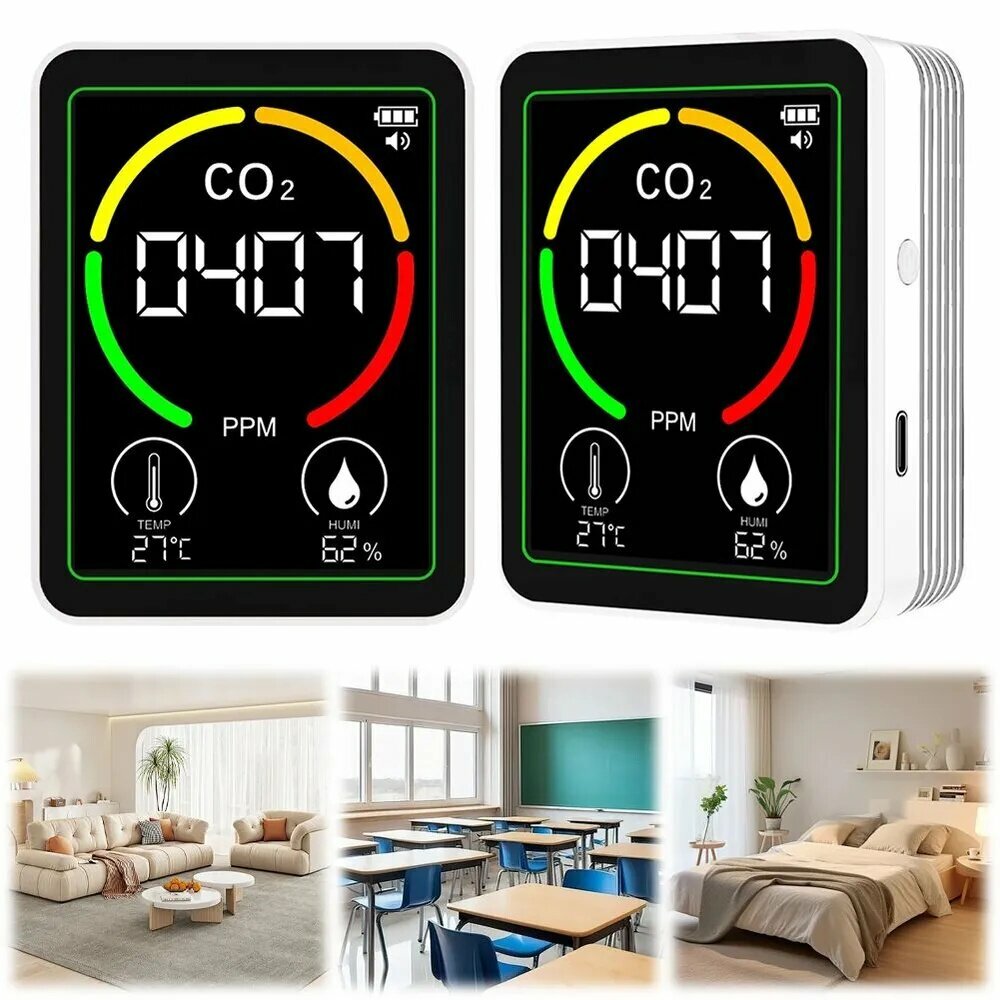 Детектор CO2 с цветным дисплеем, измерение температуры и влажности, портативный газоанализатор для дома и офиса