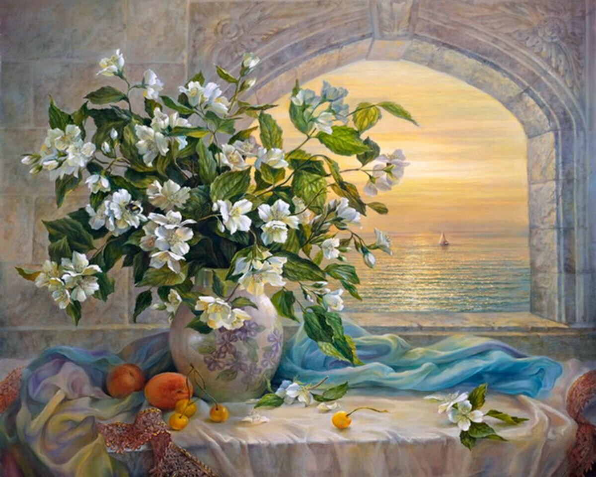 Набор для вышивки крестом 40х50 Жасмин. Букет цветов. Натюрморт. Море.