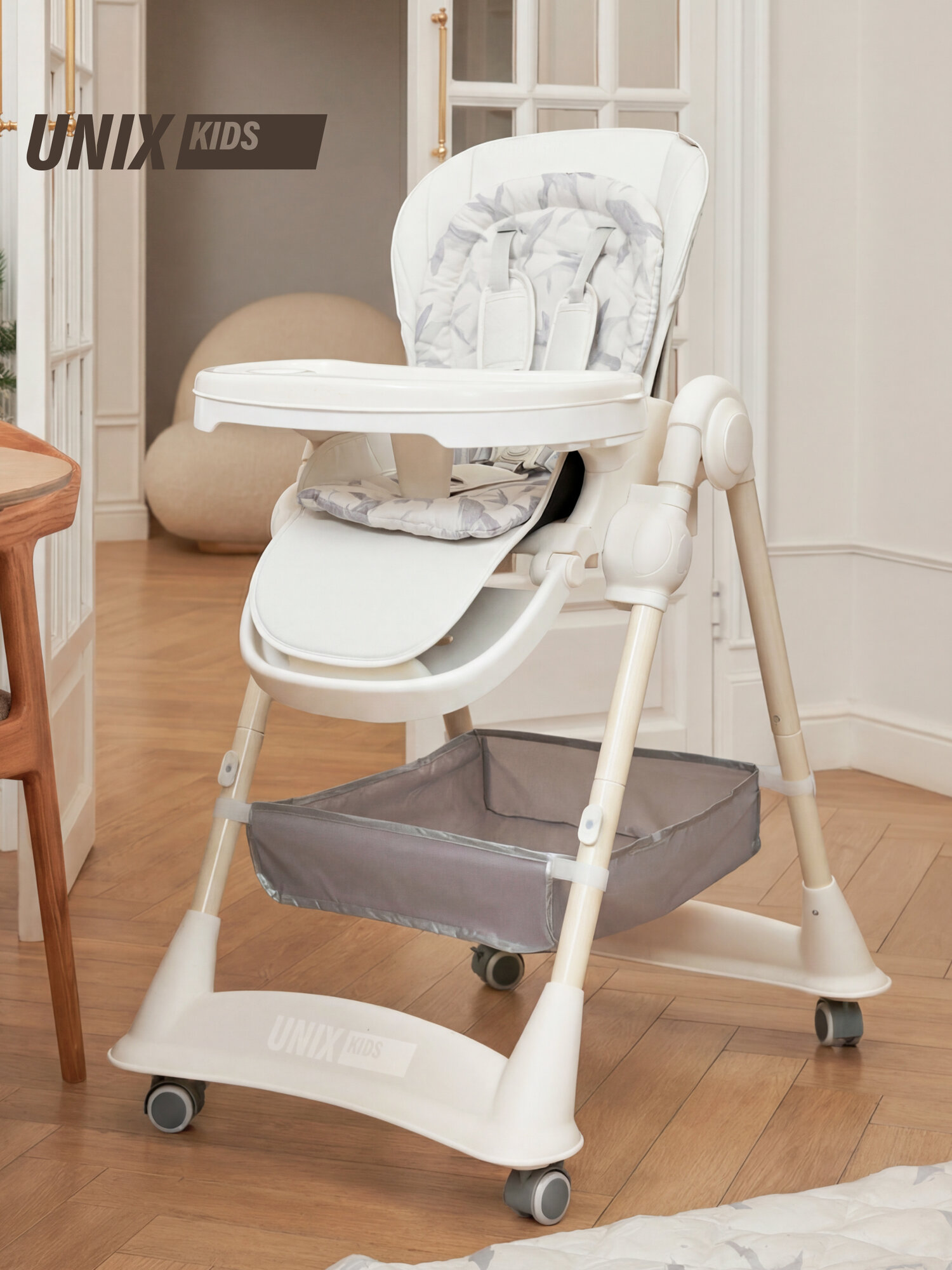 Стульчик для кормления детский UNIX Kids Ocean / Океан до 15 кг шезлонг для детей, складной, регулируемый, растущий с матрасиком, 4 поворотных колеса, белый