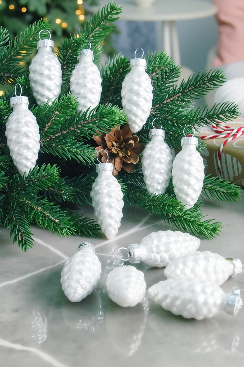 Набор ёлочных игрушек шишки-малышки стеклянные, эмалевые и матовые, цвет: белый, 60 мм, упаковка 12 шт, Winter Deco 1001377