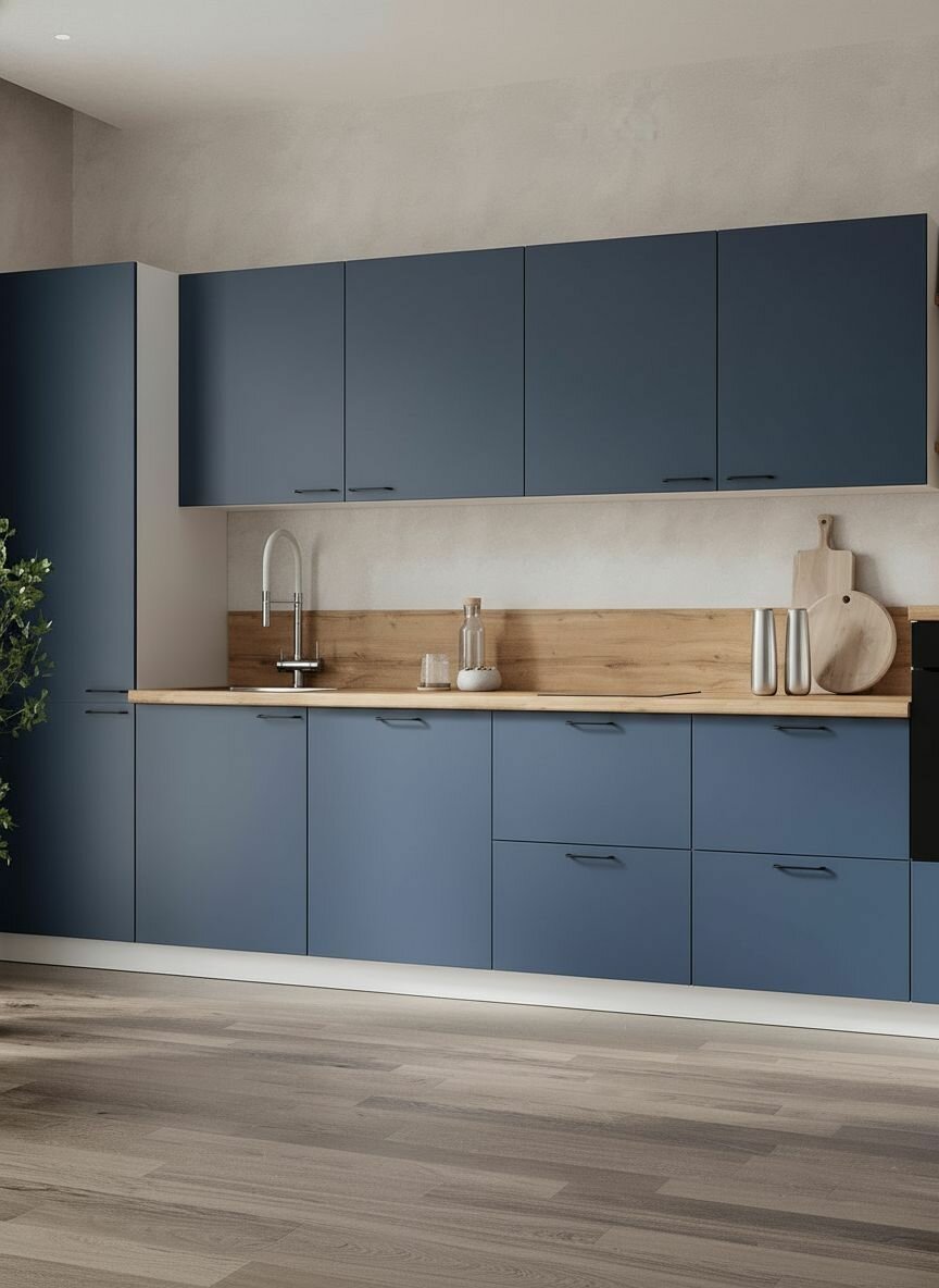 ARNIKA Кухонный гарнитур со столешницей "Дакия" 3,6м х 2,4м, цвет ежевика (синий), фасад пленка ПВХ