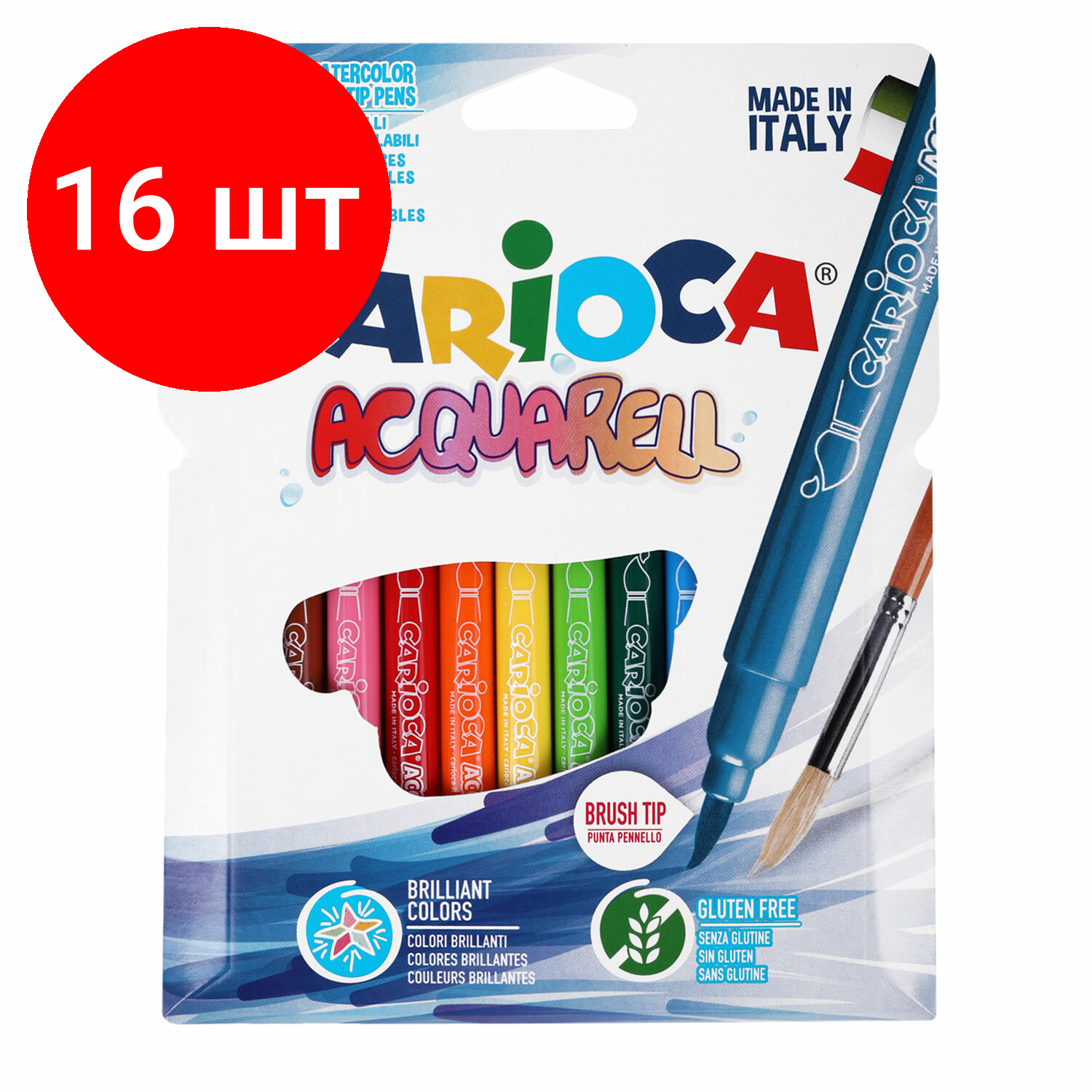 Комплект 16 шт, Фломастеры акварельные CARIOCA"Aquarell", 12 цветов, наконечник-кисть, смываемые, картонный конверт, 42747
