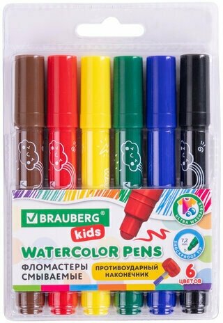 4 шт. Фломастеры смываемые детские, противоударный наконечник, 6 цветов, BRAUBERG KIDS, ПВХ-упаковка с европодвесом, 152178