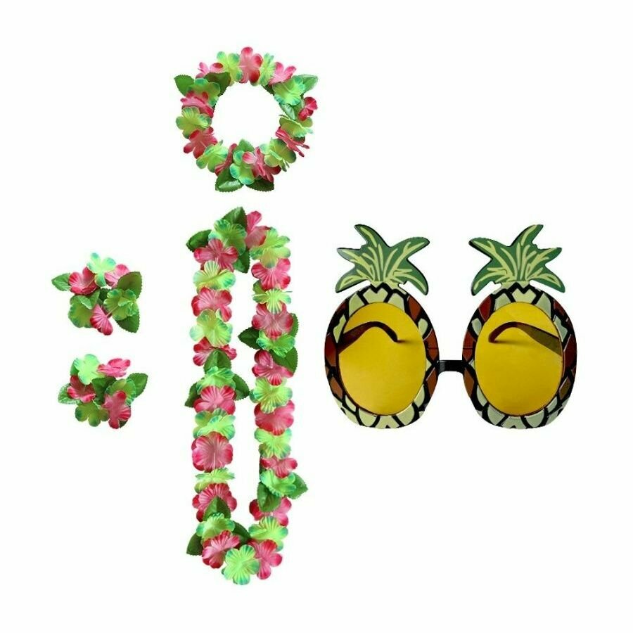 Гавайский набор Хула - 7 : гавайское ожерелье, повязка на голову, браслеты, очки