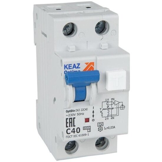 Выключатель автоматический дифференциального тока Кэаз 2п C 16А 30мА тип A 6кА OptiDin D63-22C16-A УЗ, 333142