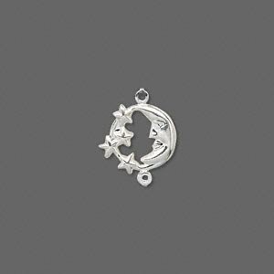 Коннектор, 16х14мм, месяц со звездами, базовый материал - латунь, посеребренный, 2 шт.