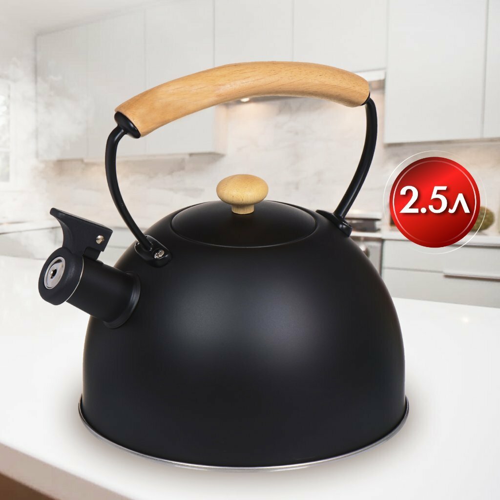 Daniks Чайник нержавеющая сталь, 2.5 л, со свистком, матовый, ручка металл, дерево, черный