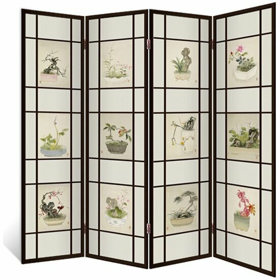Ширма перегородка Декор Депо для комнаты деревянная "Японская живопись. Цветы" двухсторонняя с картинкой (цветы) 4 створки венге 176х185 см 14 кг