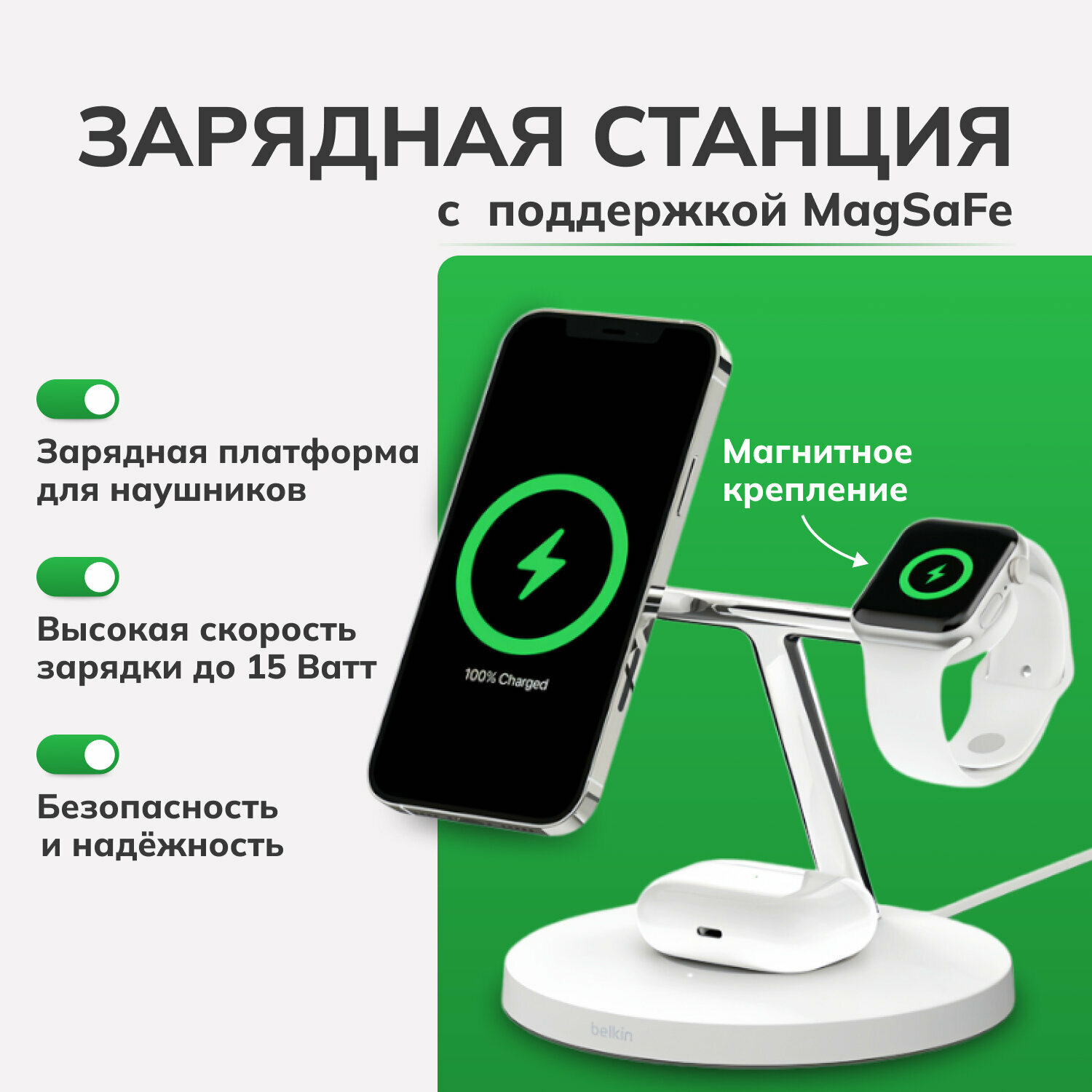 Беспроводное зарядное устройство Belkin MagSafe 3-in-1 Wireless Charger WIZ009vfWH (White)