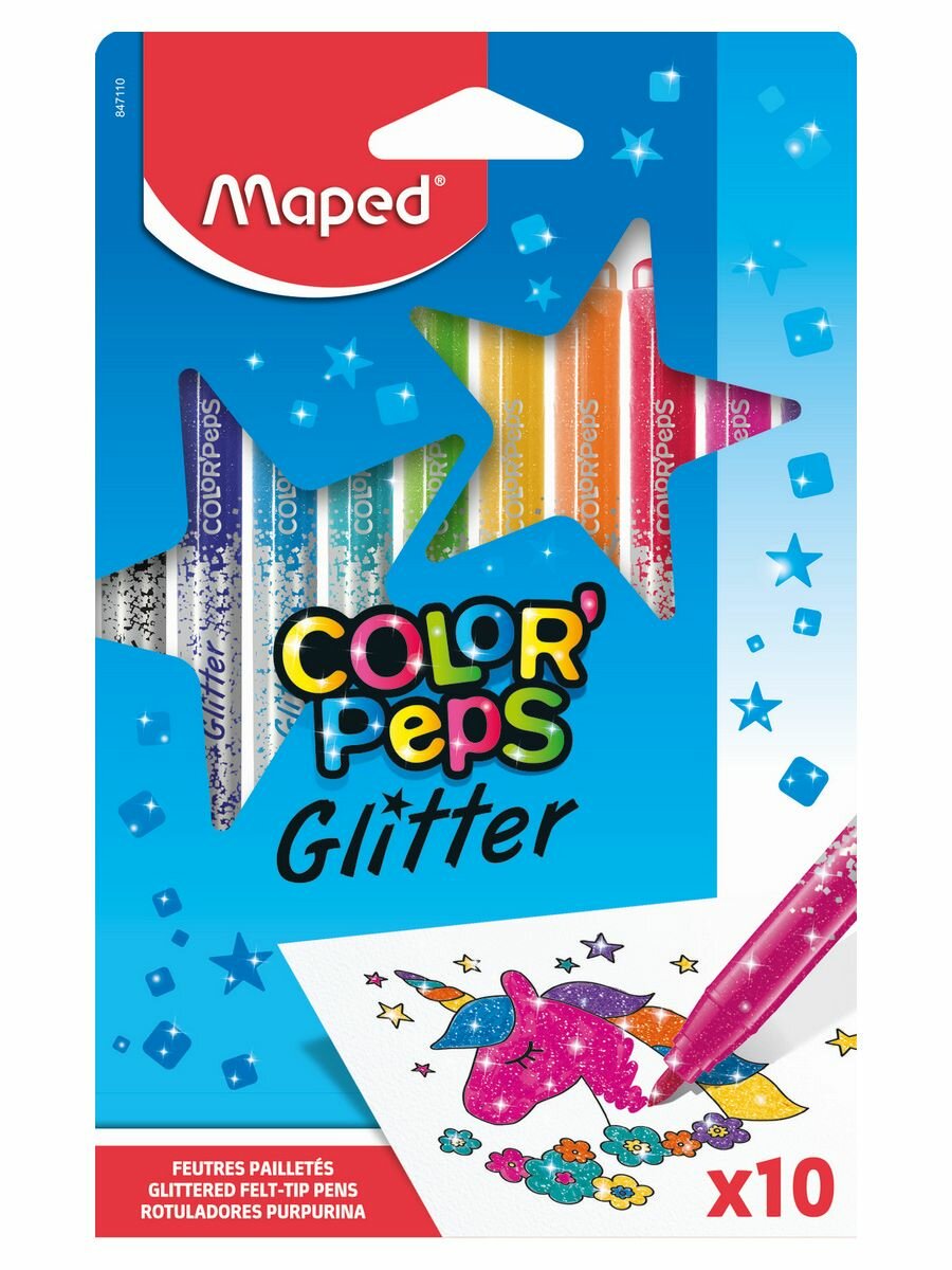 Набор фломастеров MAPED "COLOR'PEPS GLITTER", с блестками, круглый корпус, 10 штук