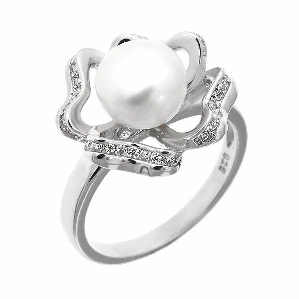 Кольцо тонкое, серебро, 925 проба, родирование, жемчуг культивированный, фианит