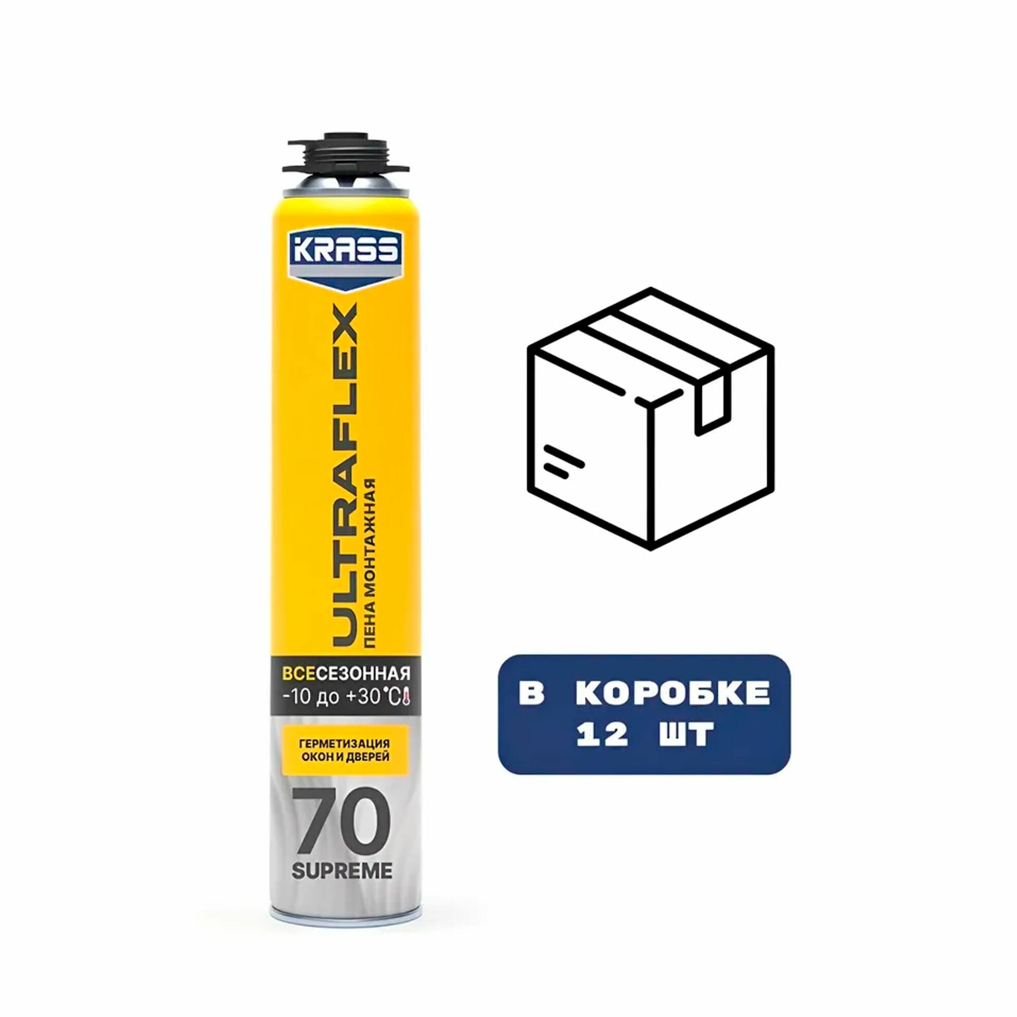 KRASS ULTRAFLEX Supreme 70, пена монтажная, профессиональная, под пистолет, всесезонная, 890 мл, коробка 12 шт
