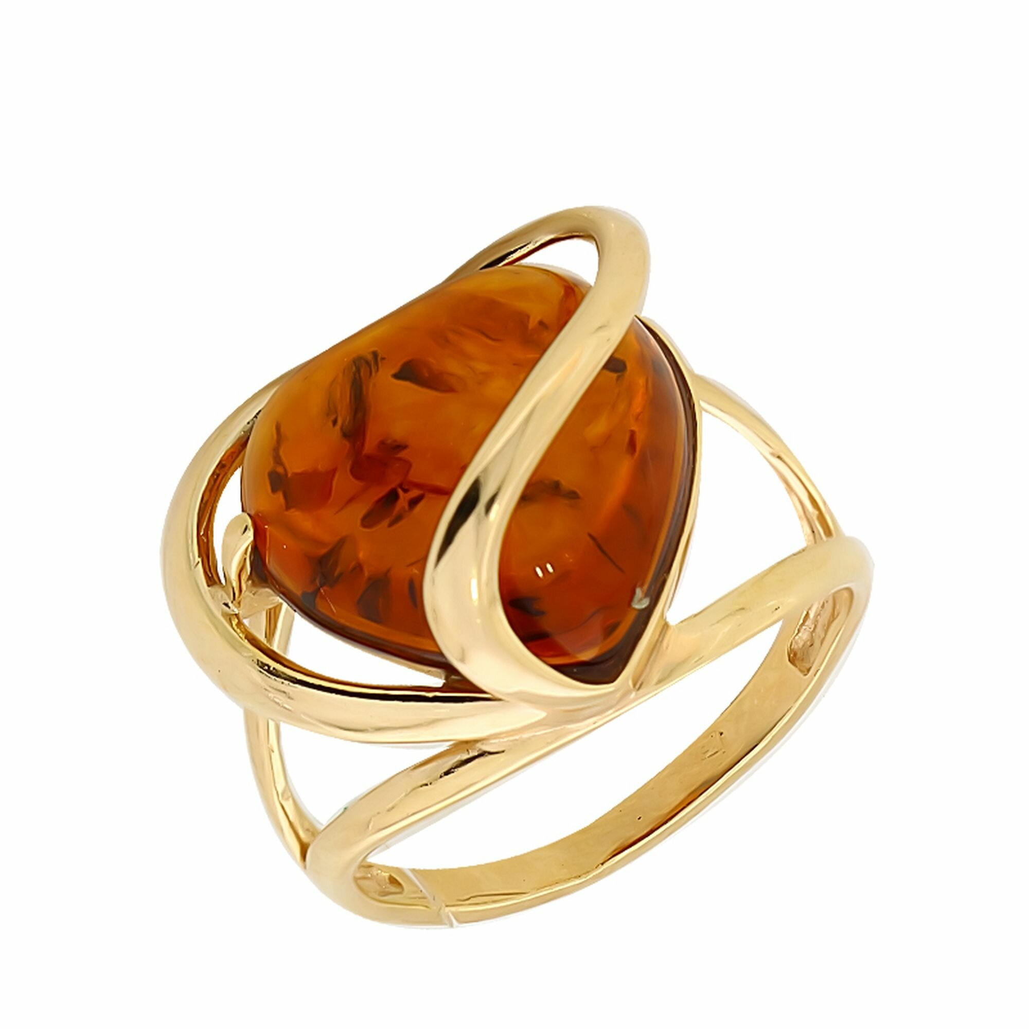 Кольцо, серебро, 925 проба, золочение, янтарь