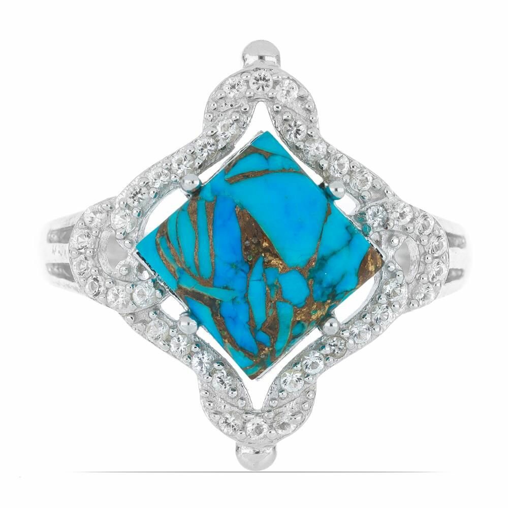 Кольцо, серебро, 925 проба, родирование, бирюза, топаз