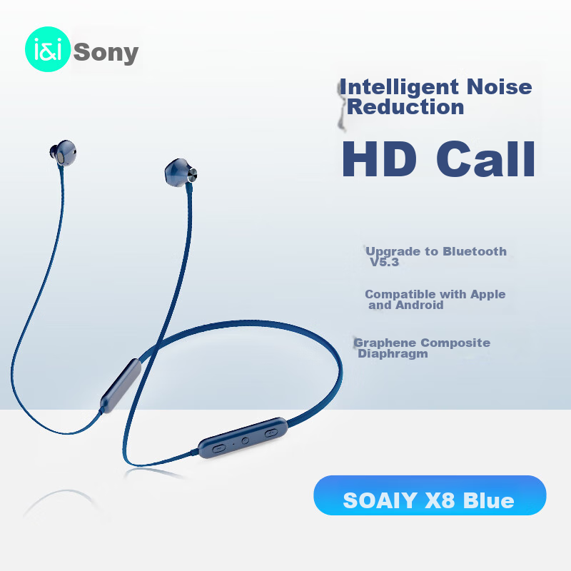Soaiy X8 Wireless Bluetooth Earphones, Neckband-Style Running Sports Music Earphones, Semi-In Long Battery Life Headset, Compatible with Apple, Android, Huawei Phones, Blue
