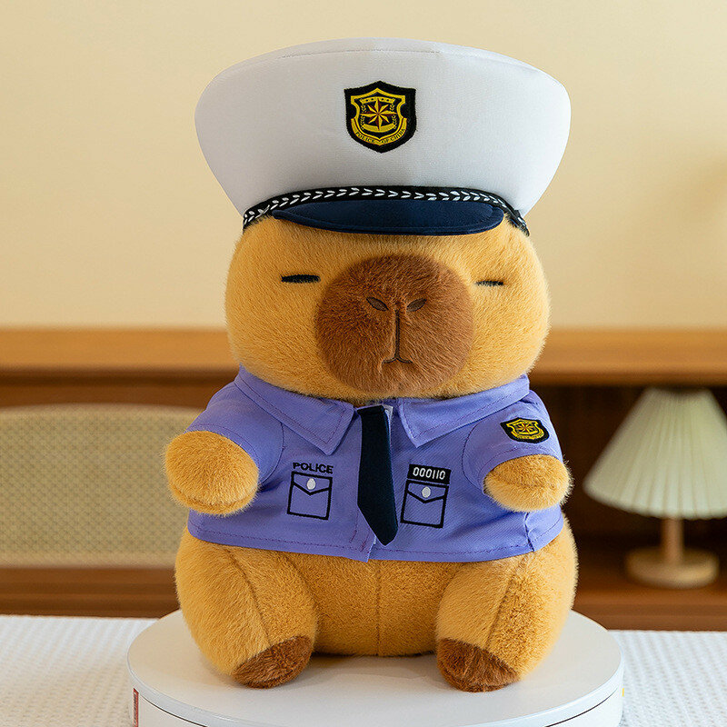 Cozy police capybara plush doll premium quality short fur for collectors and kids 30cm
