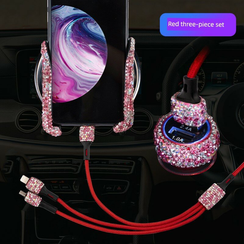 Супербыстрая зарядка автомобильного зарядного устройства с USB-кабелем и держателем для телефона, красный 3-шт. набор