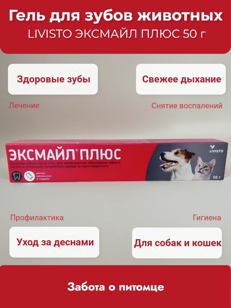 Зубной гель для собак и кошек Livisto Эксмайл Плюс комплексный уход за полостью рта, 50 гр