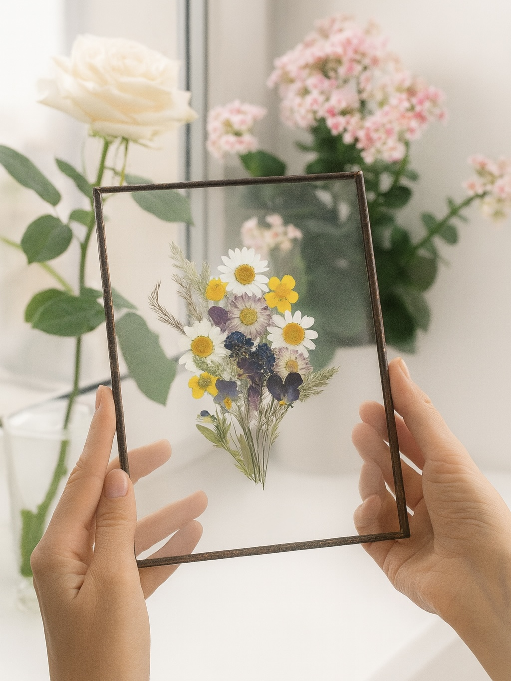 Панно с ромашками и анютиными глазками из стекла — интерьерный декор в ботаническом стиле, ручная работа