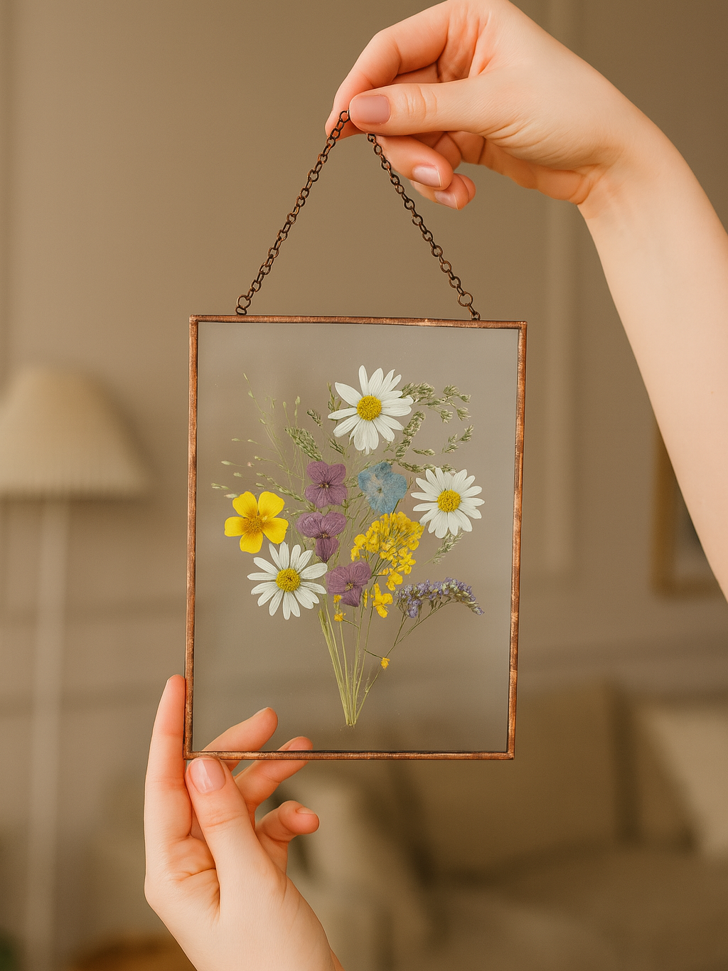 Панно из настоящих сухоцветов в стекле — интерьерная композиция в винтажной раме, ручная работа