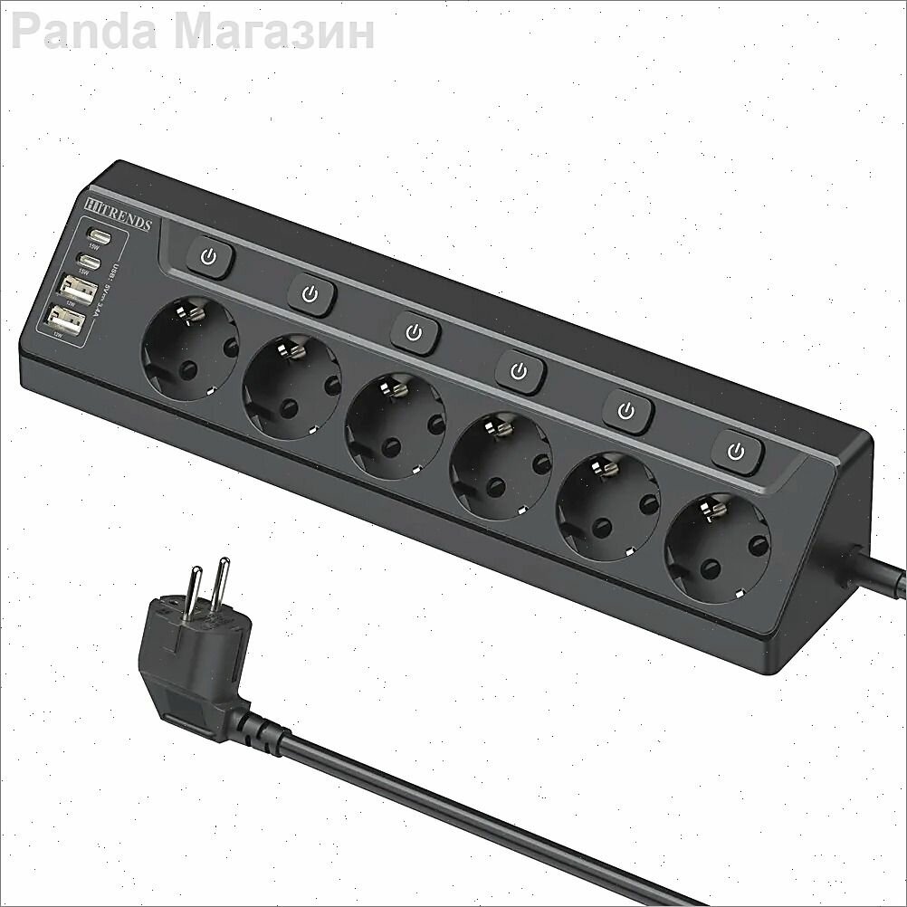 Удлинитель с 6 розетками и 2 USB + 2 Type-C, индивидуальные выключатели, защита от перегрузки, 4000W 16A 250V, огнестойкий и пылезащитный, кабель 2 м
