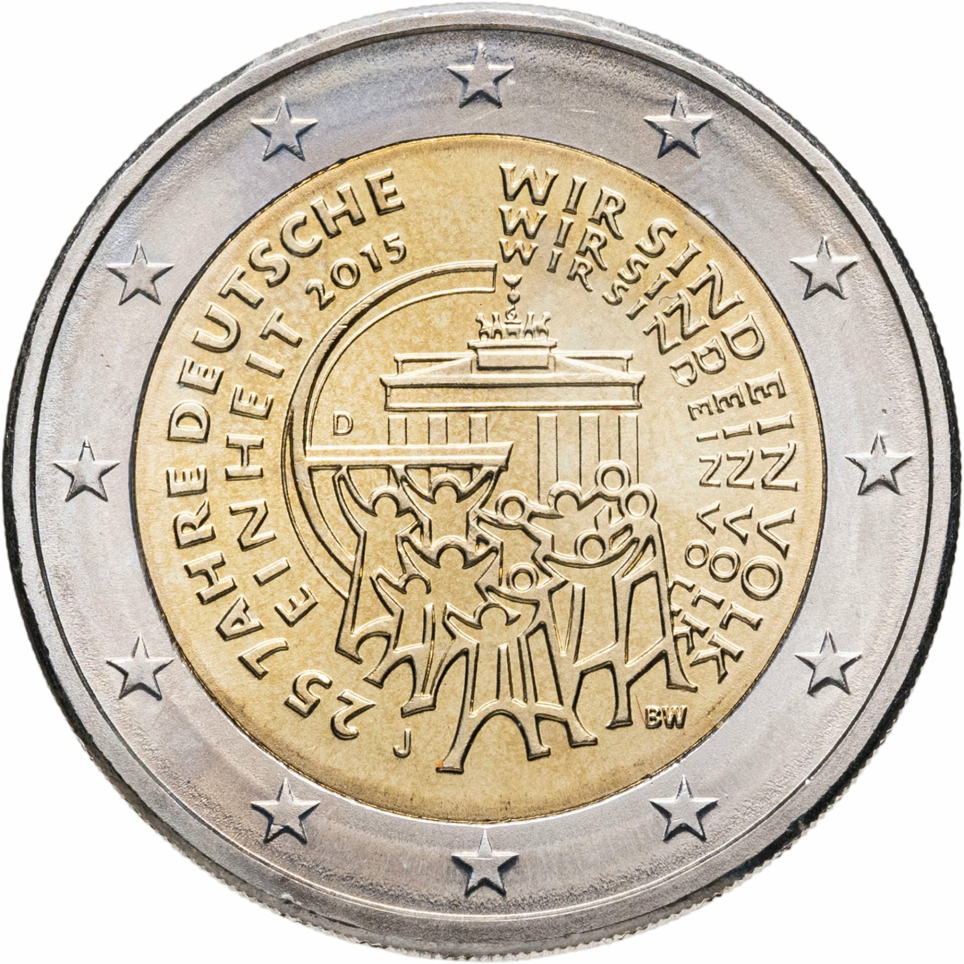 Германия 2 евро (euro) 2015 25 лет объединению Германии знак монетного двора: "J" - Гамбург