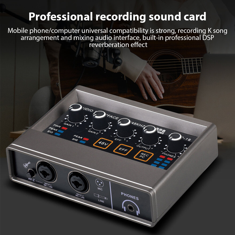 Аудиоинтерфейс Professional Recording XLR DSP Reverb 48V Phantom Power Звуковая карта 16bit/48kHz Resolution Plug and Play для записи музыки Онлайн-Кaraoke Запись вокала