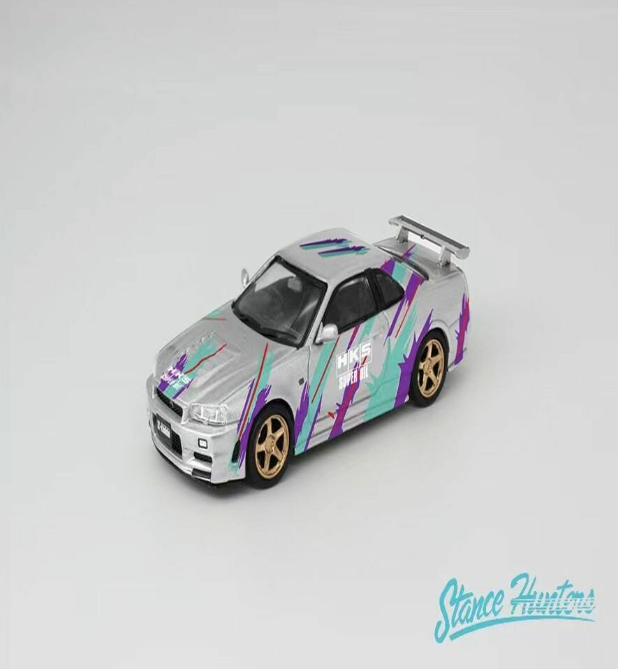 Коллекционная машинка ArtWork x Stance Hunters 1:64 Nissan Skyline R34 GTR Z Tune Nismo Silver HKS
