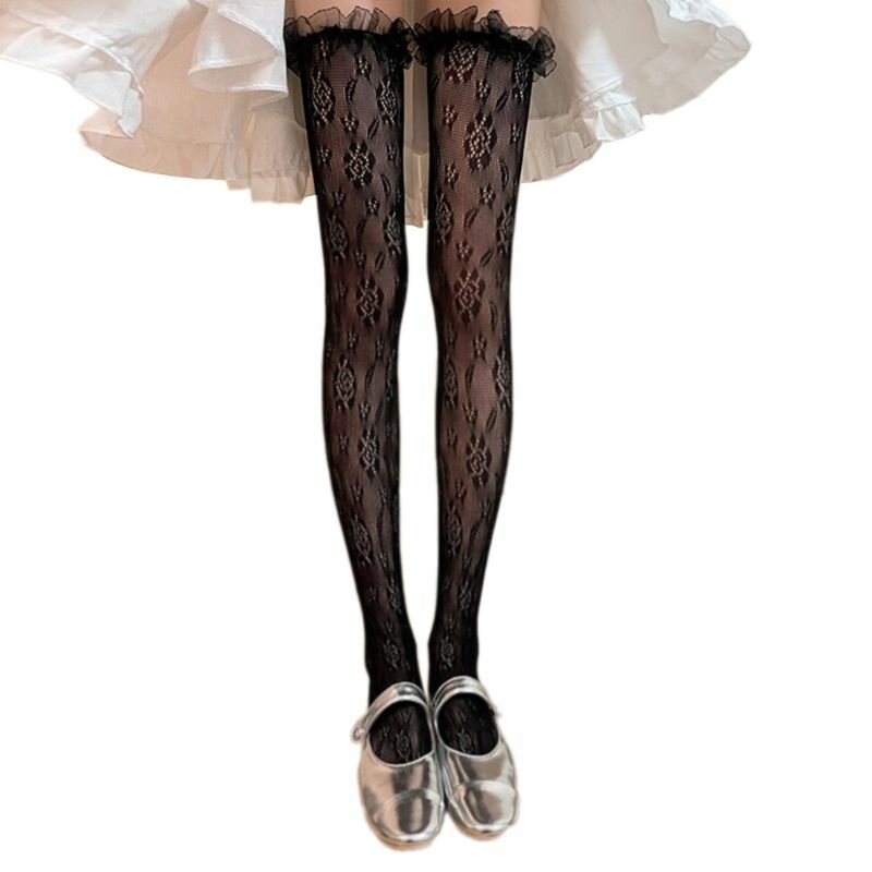 Кружевные чулки выше колена y2k с кружевом на бедрах-черный