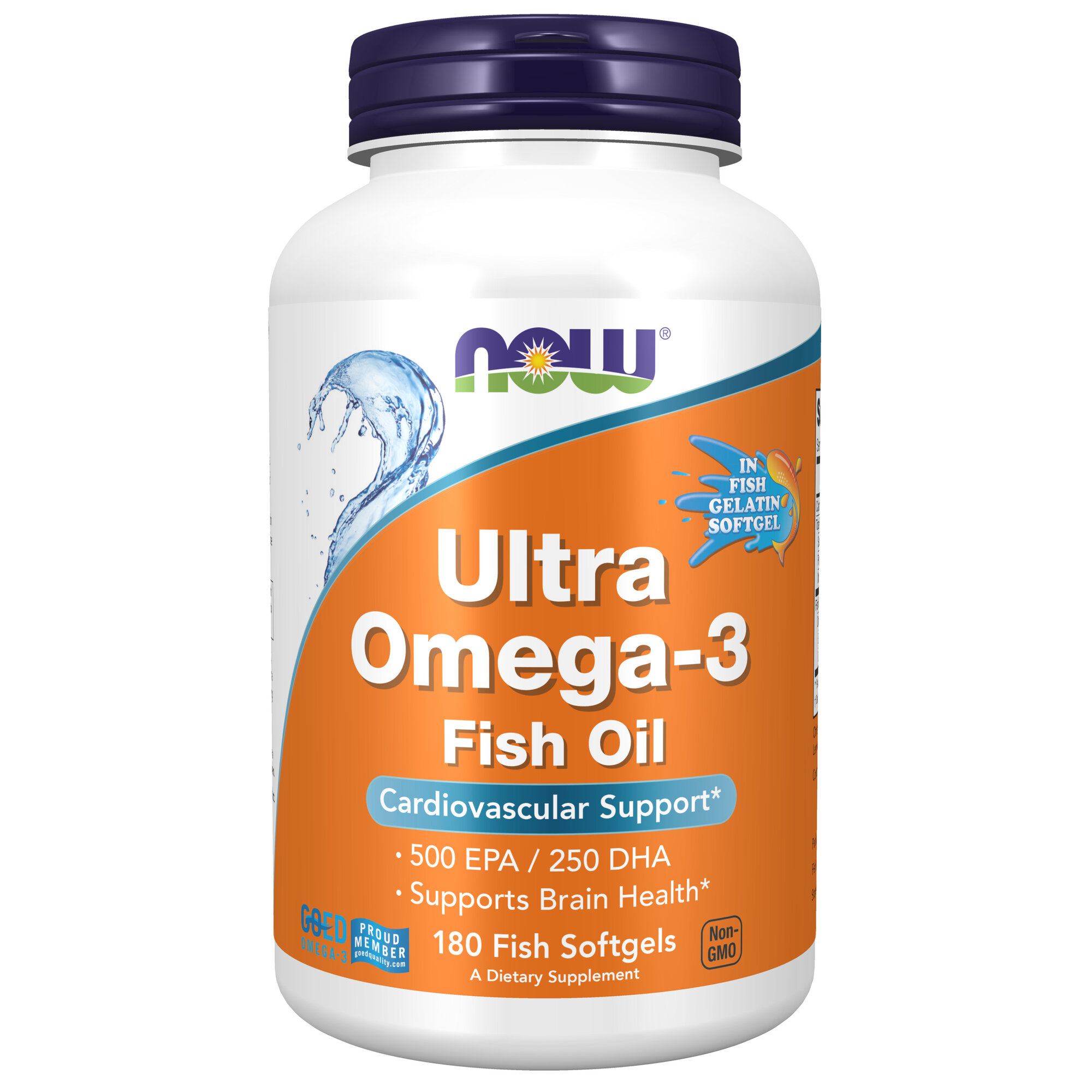 NOW Ultra Omega-3, Омега-3, 500 ЭПК 250 ДГК, 1000мг 180 мягких капсул, Рыбий жир, для сердца и сосудов, для иммунитета