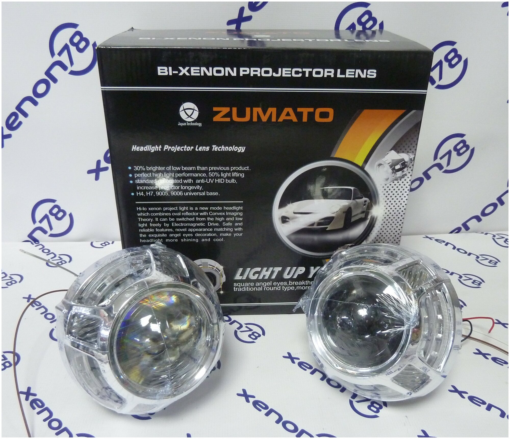 Биксеноновые линзы 3.0"- ZUMATO под цоколь D2S и светодиодной подсветкой (CREE, дневные ходовые огни + поворотник) Panamera Hella D2 - 2 шт.