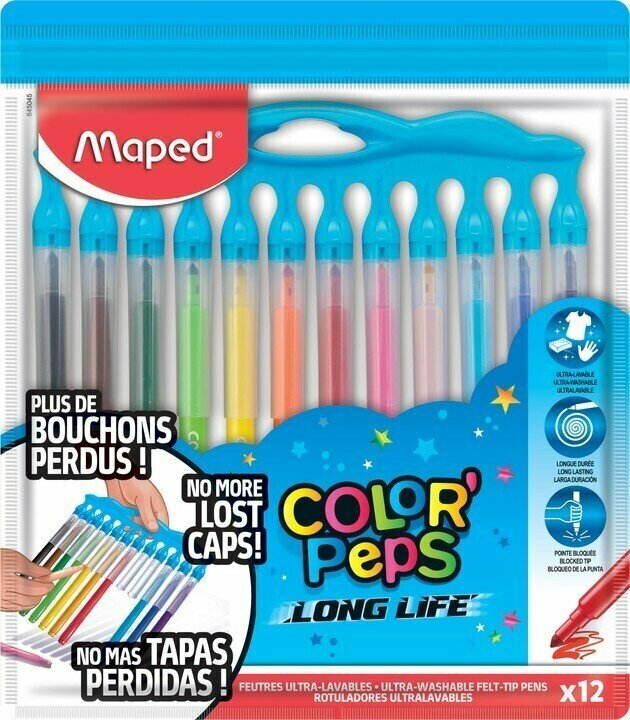 Фломастеры 12цветов Maped COLOR PEPS LONG LIFE, нетеряющ. колпачки, футляр на молнии