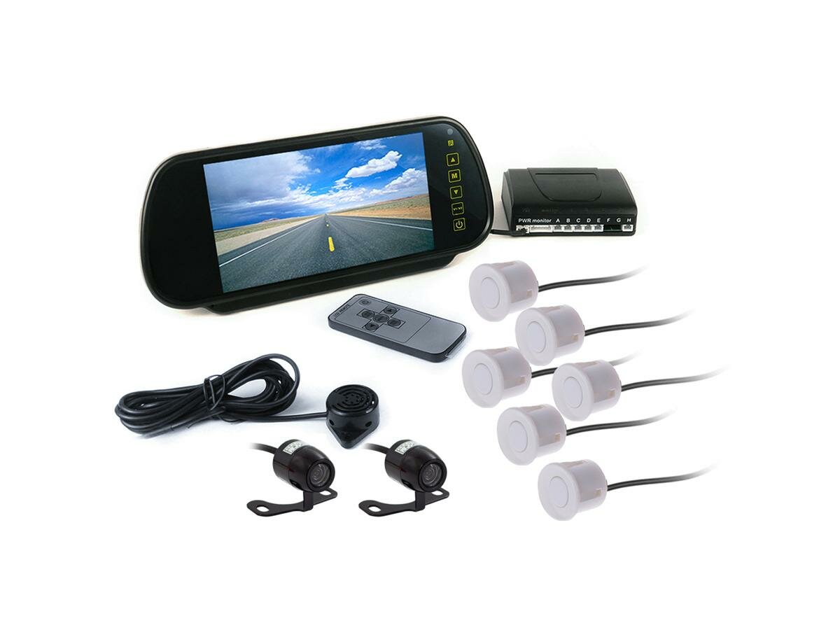 Комплект парктроников MasterPark 041-6-PZWHITE (W3450RU) (белые датчики парковки) с 2мя камерами, 6ю датчиками и монитором в зеркале