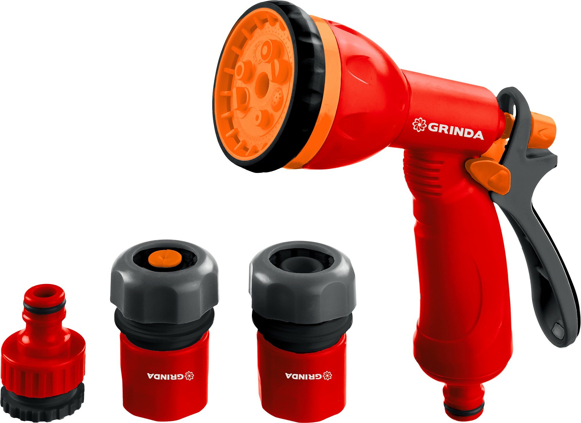 Пистолет GRINDA GS-34, 8 режимов, коннекторы 3/4", адаптер, пластиковый, поливочный набор с автостопом 8-427384_z02