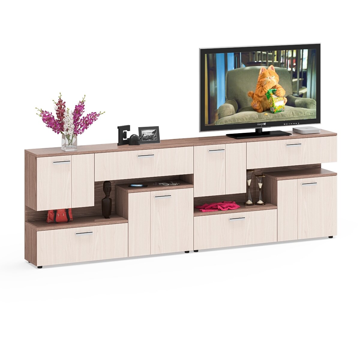 Широкая ТВ тумба Мебельный двор С1-1400 ясень шимо светлый/тёмный, 280х30х93 см.