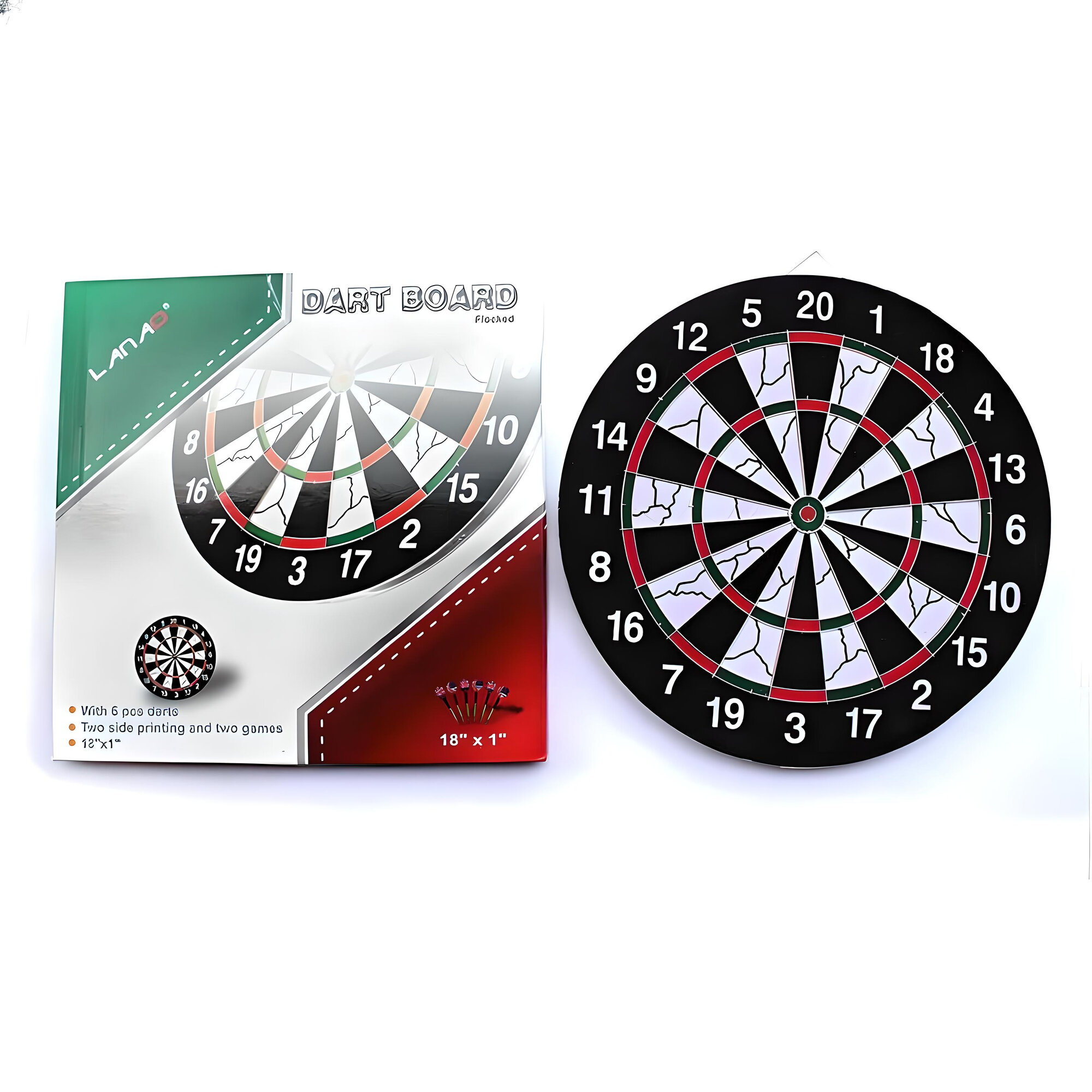 Дартс классический, диаметр 36 см, двухсторонний, в комплекте 6 дротиков, цвет дротиков зеленый и красный.