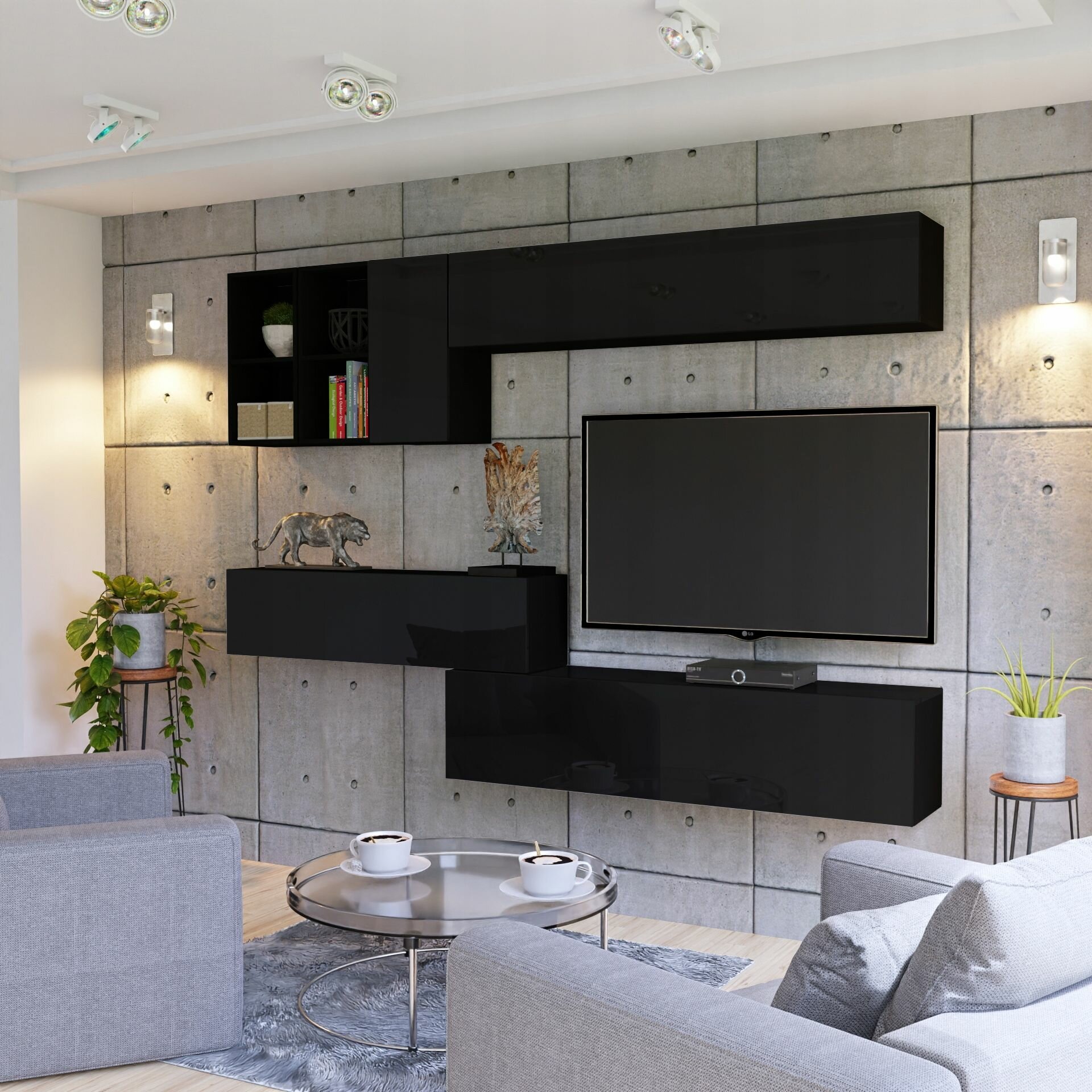 Стенка в гостиную Мебель на Руси "Равенна 12" 315х200х36, черный / черный глянец