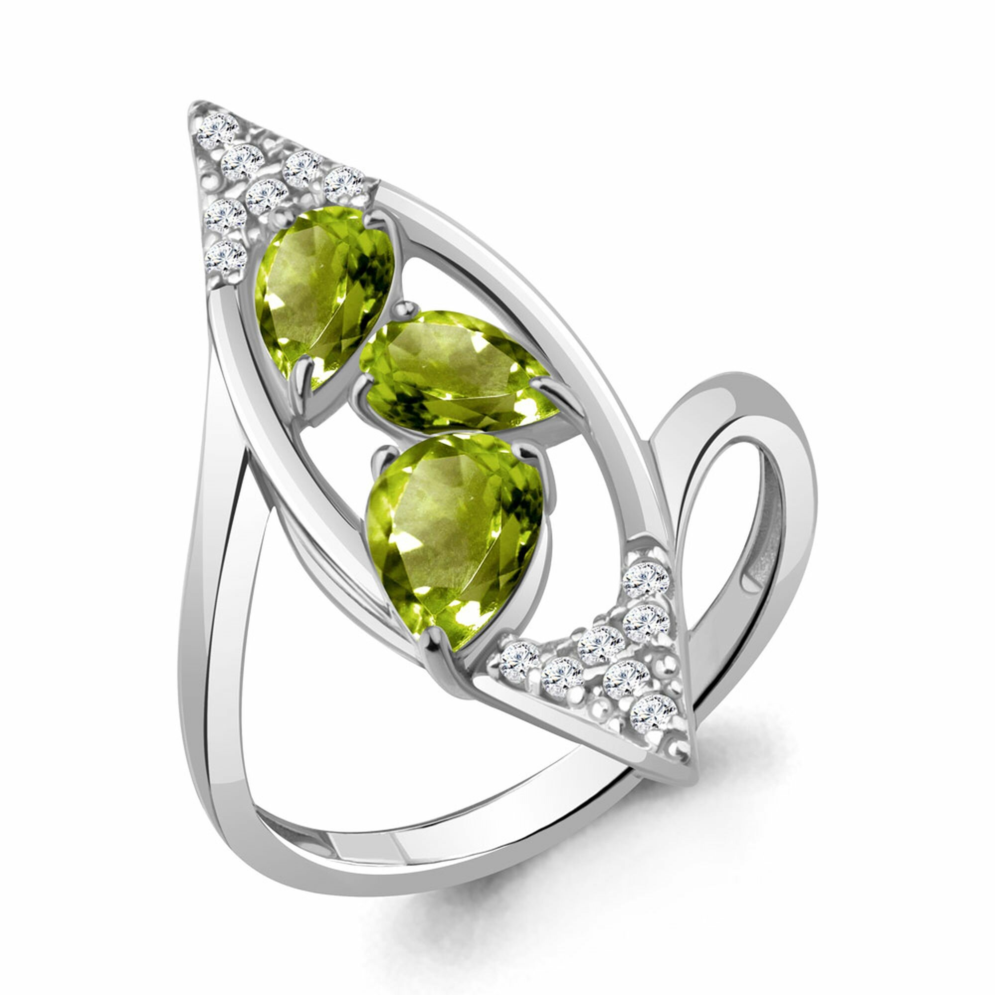 Кольцо, серебро, 925 проба, серебрение, фианит, хризолит