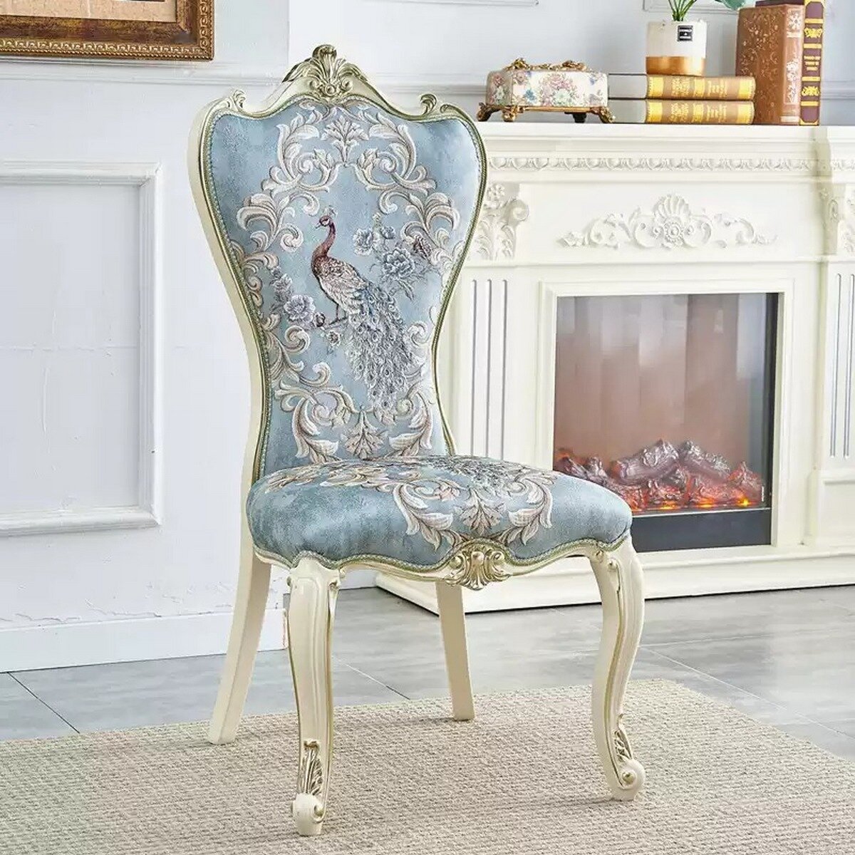 Обеденный стул из дерева в классическом стиле, обивка шенилл (синий павлин)