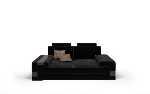 Прямой диван с декоративными вставками из дерева, 233 х 93 см, SITDOWN, "Морфеус", экокожа, черный