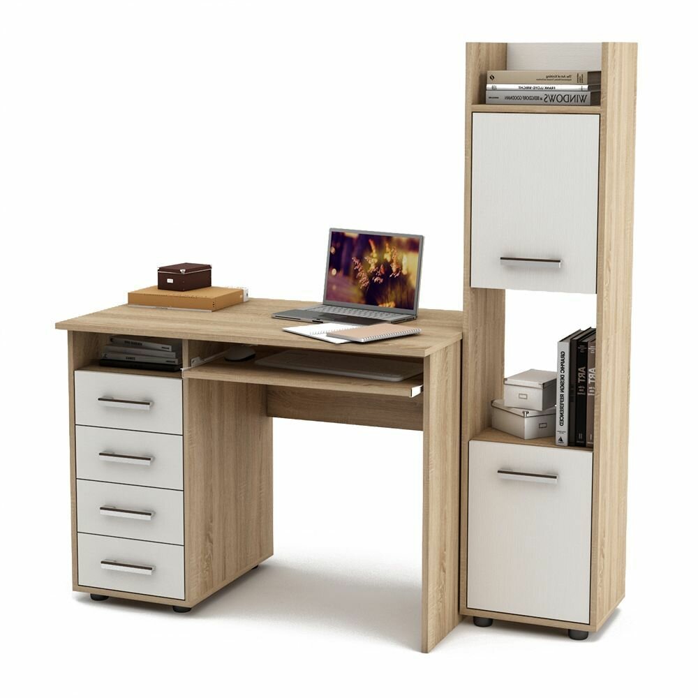 Стол письменный, компьютерный и стеллаж Остин (Ливерпуль) 4К дуб сонома/белое дерево